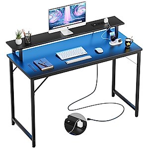iSunirm 47 inch Computer Desk with Power Outlets, Gaming Desk with LED Lights, Home Office Work Desk with Monitor Shelf, Modern Office Desk Study Writing Table for Small Spaces, Black