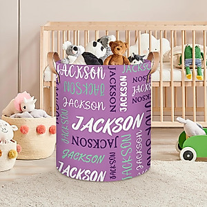 Custom Name Large Laundry-Basket for Kids-Boys-Girls, Personalized Collapsible Waterproof Laundry Hamper Dirty Clothes Toys Storage Bin with Handles,Purple