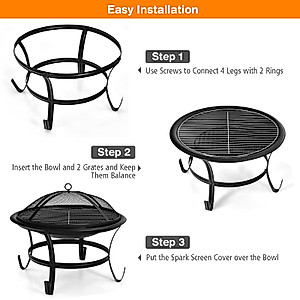 Giantex 22" Outdoor Firebowl, Portable Firepit Bowl with BBQ Grill Mesh Spark Screen Cover, Poker and 2 Log Grates/Grilling Grate and Wood Grate, Wood Burning Fire Pit w/Grilling Handle