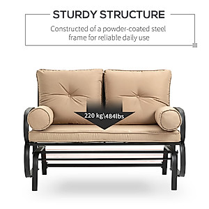 Outsunny Swing Glider Rocking Chair, Double Patio Bench, 2 Person Loveseat with Steel Frame, Cushions, Pillow Armrests, Khaki