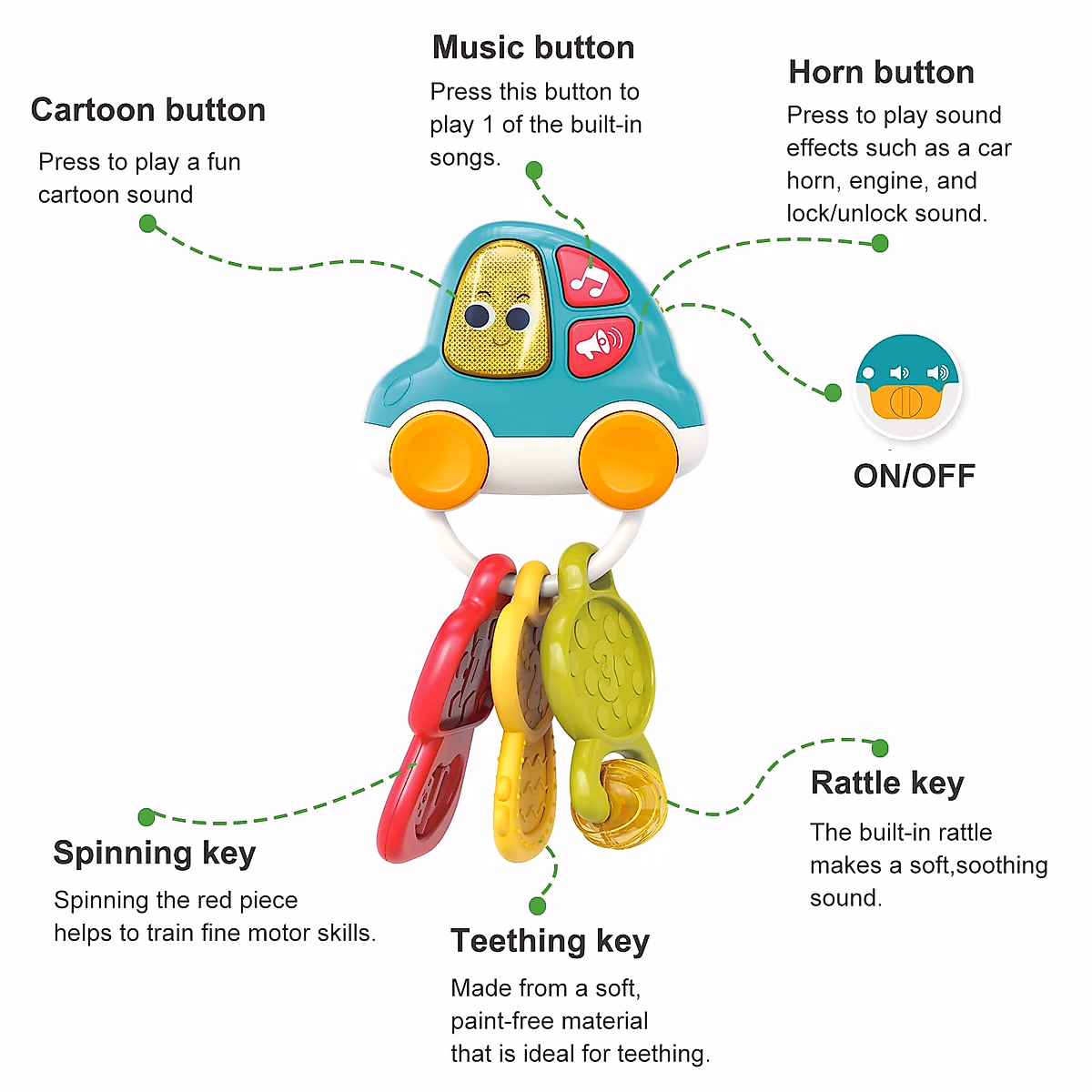 Yiosion Baby Musical Rattle Teether Set, Shaker, Grab and Spin Rattle, Early Educational FunKeys Toy Car Keychain with Light and Sounds, Gift for 3, 6, 9, 12 Month Infant Newborn