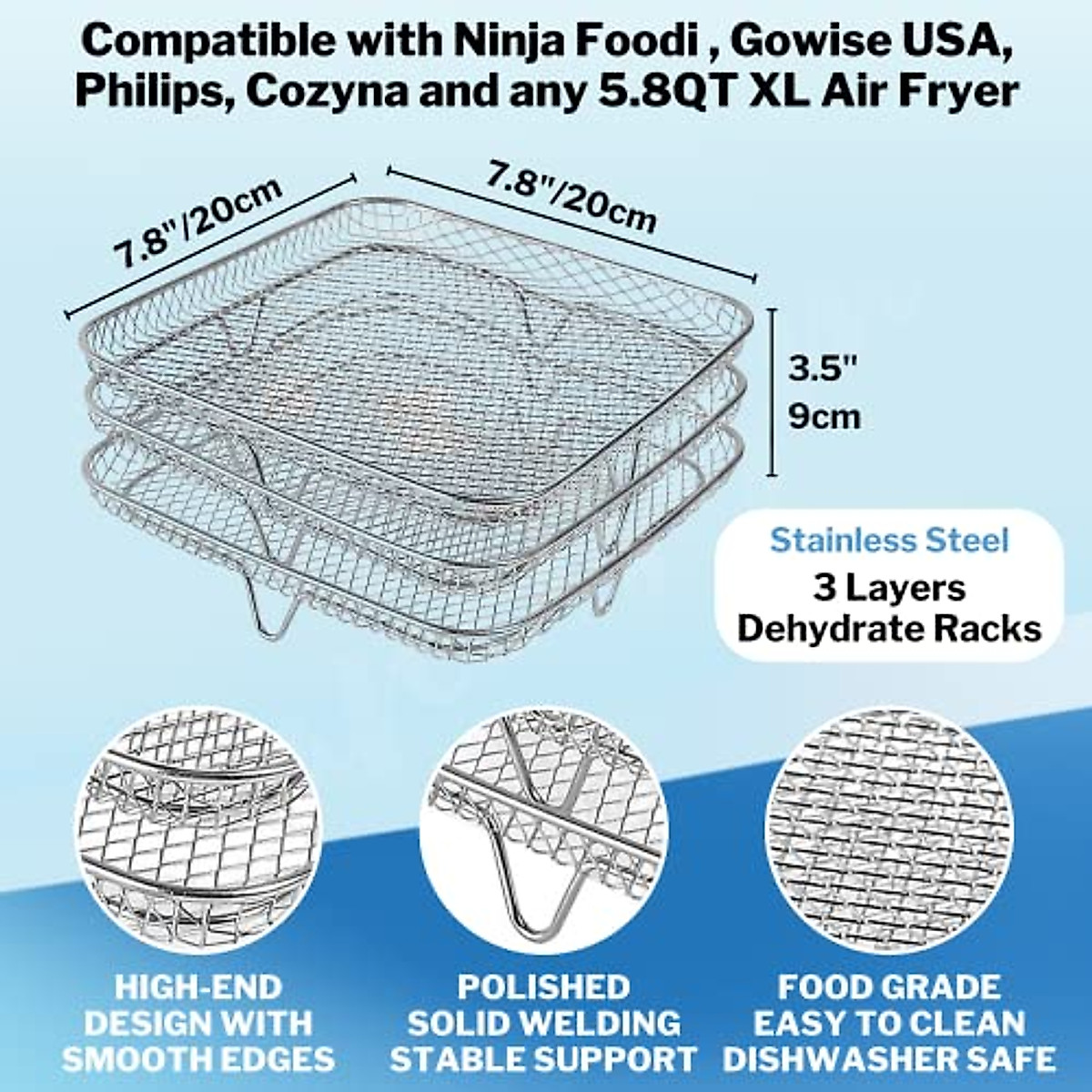 Air Fryer Accessories - Three Stackable Dehydrator Racks for Ninja, Instant Pot Vortex, COSORI, CHEFMAN, Gowise, Ultrean, Gourmia - 304 Stainless Steel Grill Rack Fits 4.2-5.8 QT Air Fryer, Oven