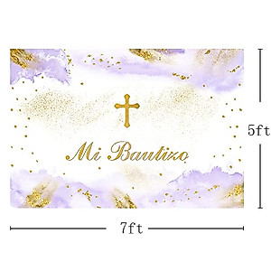 MEHOFOND 7x5ft Mi Bautizo Baptism Backdrop Mexican Gold Bless First Holy Communion Christening Banner Purple Watercolor Clouds Photography Background Party Decoration Photo Booth Props