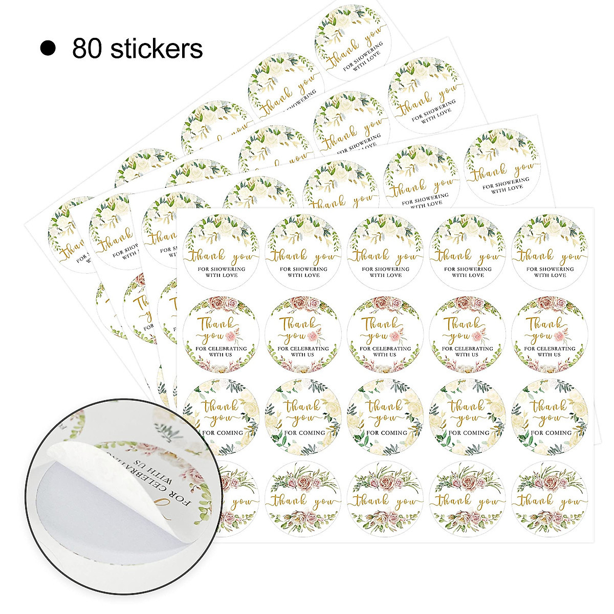 80 Floral Thank You Stickers, Bridal Shower Flower Thank You Stickers, Girl's Birthday Rose Favor Labels Stickers(2 Inch)
