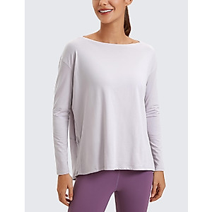 CRZ YOGA Pima Cotton Long Sleeve Workout Shirts for Women Loose Fit Athletic Yoga T-Shirts Casual Boat Neck Fall Tops Iced Iris Large