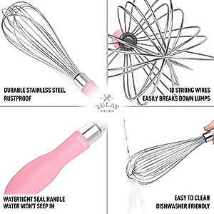 Zulay 12-Inch Stainless Steel Whisk - Balloon Whisk Kitchen Tool With Soft Silicone Handle - Thick Durable Wired Whisk Utensil For Blending, Beating, Whisking, Frothing, Stirring & More (Pink)
