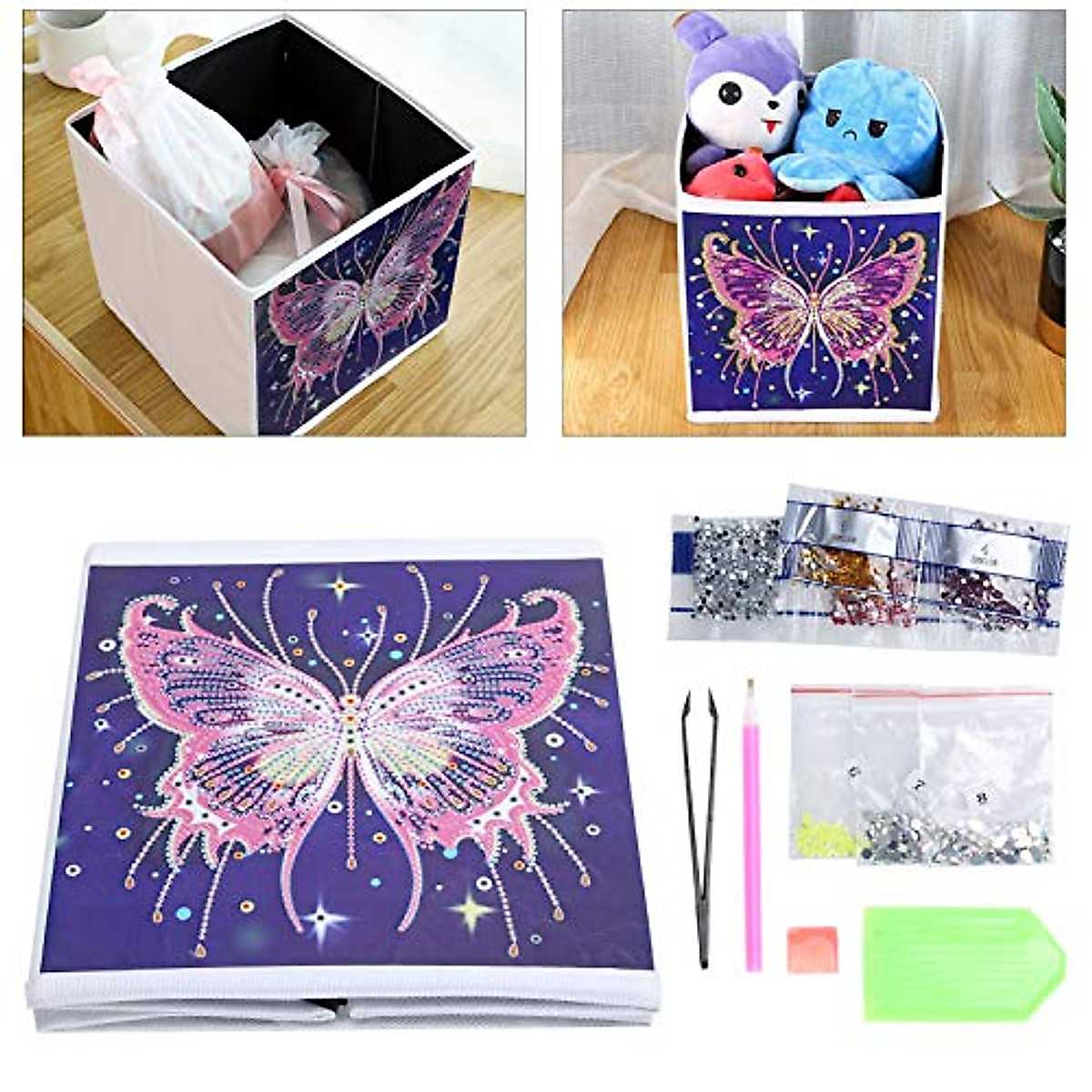 Yosoo Diamond Painting Storage Box, DIY Diamond Painting Organizer Butterfly Pattern Decor Foldable Storage Box Household Desktop Case