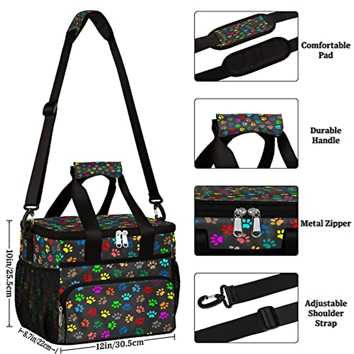 Insulated Lunch Bag, Colorful Dog Paw Print Reusable Lunch Box Leakproof Cooler Tote Bag Large Lunchbox Freezable Lunch Bag with Adjustable Shoulder Strap for Women Men Picnic Work Beach