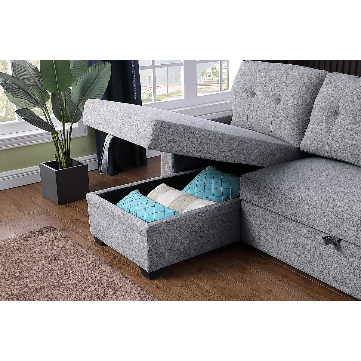 SONGG L Shaped Upholstered Sofa with Storage Chaise and Pull Out Bed, Linen Sectional Couch w/Removable Back Cushions,Button Tufted Backrest,for Living Room, Apartment, 82, Light Gray