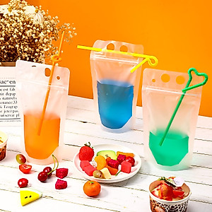 300 Pieces Drink Pouches Adult with Straws Set, Heavy Duty Hand Held Translucent Reclosable Plastic Smoothie Bags Disposable Wine Juice Pouches for Cold Hot Drinks, 400 - 500 ml