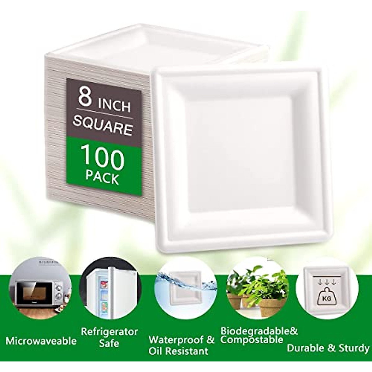 SUT 8-Inch Compostable Paper Plates, 100 PCS Square Biodegradable Bagasse Plates, Heavy-Duty Microwaveable Plates, Eco-Friendly Natural Disposable Plates, Made of Sugarcane Fibers, for Party, Picnic