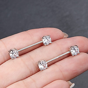 Sllaiss 2PCS Sterling Silver Nipple Rings for Women 16G CZ Straight Tongue Rings Barbells Nipple Piercing Jewelry