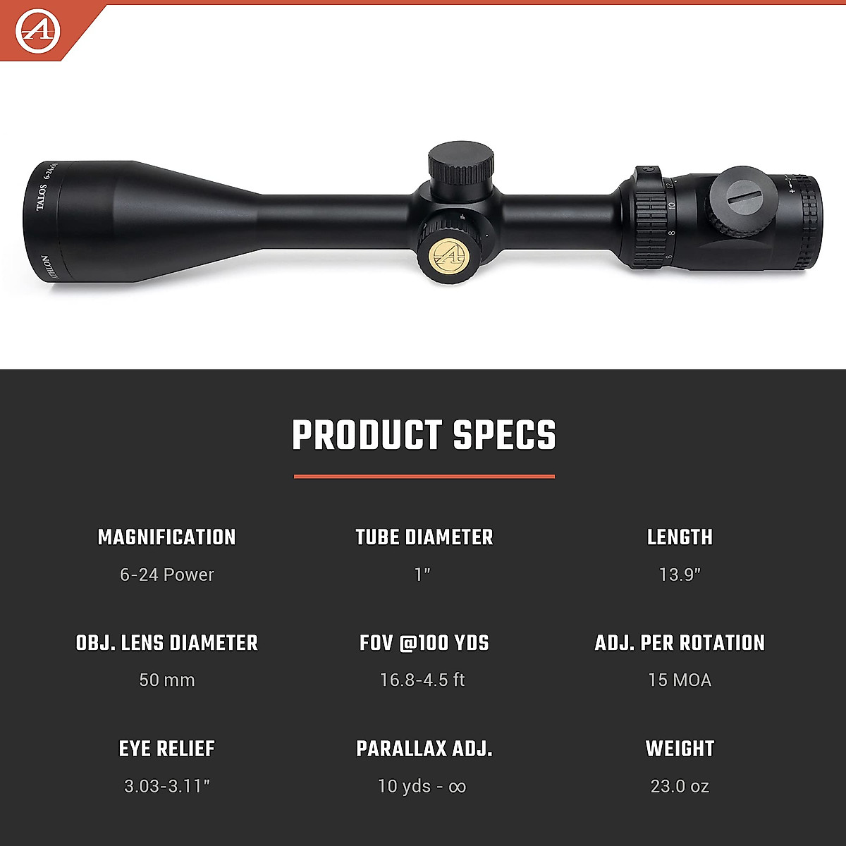 Athlon Optics , Talos , Riflescope , 6-24 x 50 Second Focal Plane (SFP) 1" Tube, Illuminated ATMR1 MIL Reticle, Black