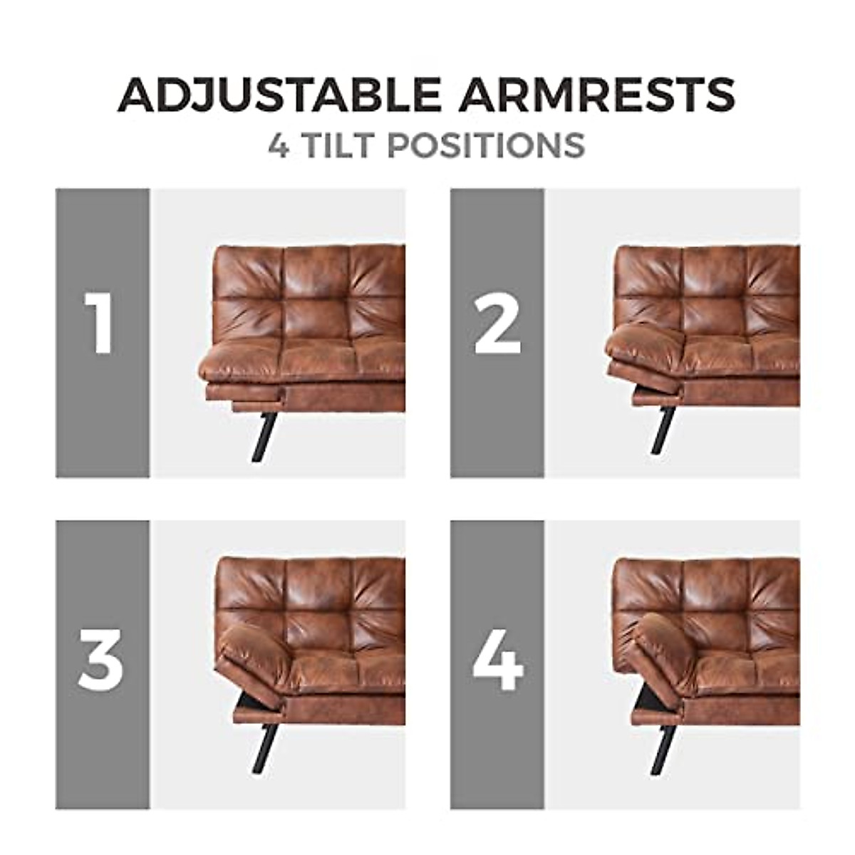 GLANZEND Retro Convertible Futon Sofa, Memory Foam PU Couch Folding Sleeper Bed with Adjustable Armrests, Faux Leather Thicker Cushion for Living Room Apartment Office, Brown