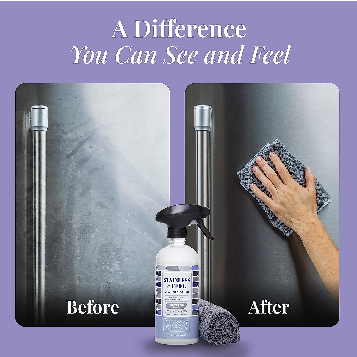Therapy Stainless Steel Cleaner Kit - Plant-Based, Solvent-Free, Natural Essential Oils - Removes Fingerprints, Water Marks, Residue and Grease from Appliances (Single)
