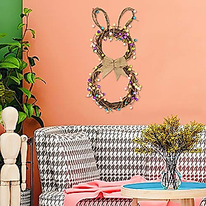 Artflower Easter Bunny Spring Wreath Artificial Grapevine Wreath Pendant Bunny-Shaped Twig Decor with Berries Pastel Handmade Rattan Rabbit Beads Wreath for Front Door Home Garden DIY Wall Decor