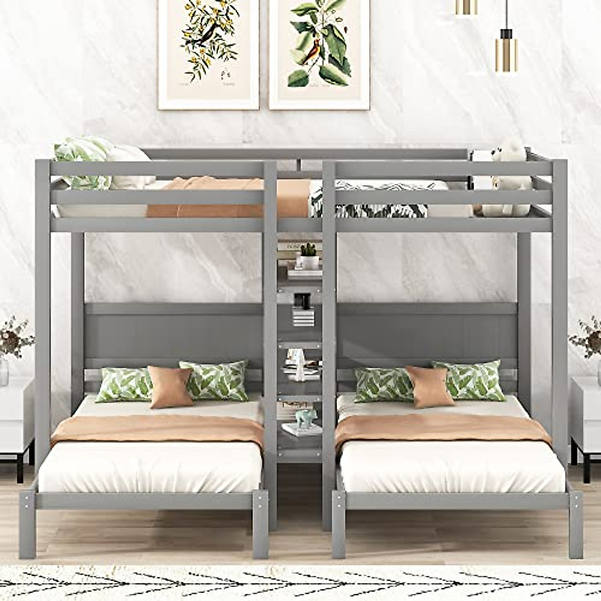 BOVZA Modern Triple Bunk Bed Frame, Twin XL Over Twin&Twin Wooden Bunk Bed with Built-in 4 Shelves and Ladder, Saving Space, Gray