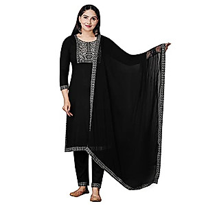 COTTON HTHRANG Indian Women's Tunic Tops Straight Rayon Black Kurtis Pant Sets W Chiffon Dupatta/A-Line Kurti Tunics