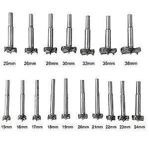Woodworking Forstner Drill Bits Sets, HEHEINC 17 PCS Carbon High Speed Steel Wood Working Hole Cutter Titanium Coated Wood Boring Hole Drilling Sets with Round Shank 15mm-38mm