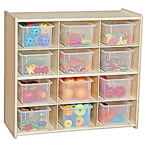Contender 12-Cubby Storage Unit with Clear Tubs, 12 Compartment Storage Organizer with Daycare Shelves for Kids, Hardwood Cubby Organizer for Classroom, Cube Locker Shelf for Organizing Toys