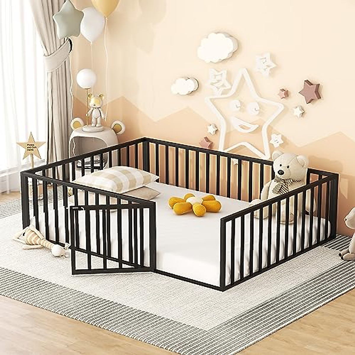 SIYSNKSI Queen Size Floor Bed with Fence and Door, Metal Floor Bed Frame, Montessori Bed Platform Bed Frame for Kids Boys Girls, Easy Assembly (Black + Metal-1)
