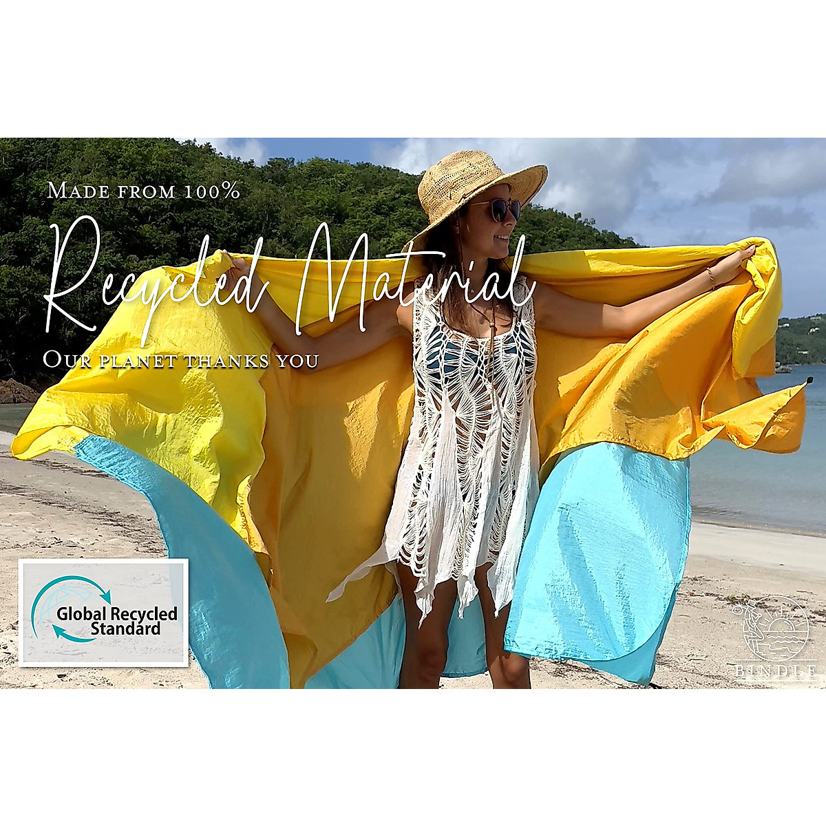 BINDLE Eco-Beach Blanket 84"x80" Large, Recycled Lightweight Material, Sand Free Water Resistant Sandproof, Oversized Portable Picnic Mat for Outdoors Camping Travel, Beach Vibes