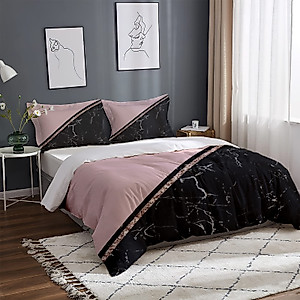 Pink Light Luxury Duvet Cover Set, Black Marble Pattern Printed Bedding Set, Bedding Microfiber Soft and Breathable with Zipper Lacing, Suitable for All Seasons-90 X 90" +2 Pillow Shams