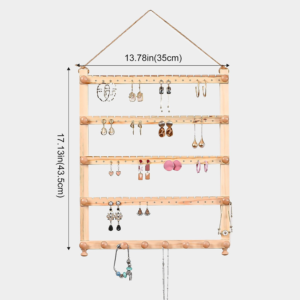Lolalet Hanging Jewelry Organizer, 5-Tier Wooden Earring Wall Holder Jewelry Display Rack for Earrings Dangles Necklaces Bracelets -Natural