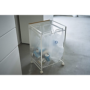 Yamazaki Home Concealed Rolling Sorter-Garbage Storage Basket On Wheels | Steel + Wood | Trash Can-Kitchen, One Size, White