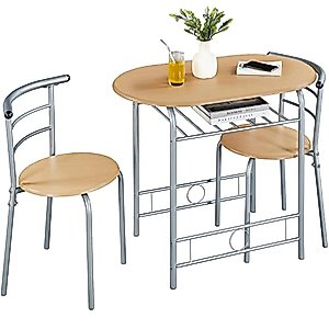 Yaheetech 3 Piece Round Dining Table Set Kitchen Breakfast Table Set for 2 Dining Table with 2 Chairs Space Saving Table Set w/Metal Frame, Wine Rack for Small Space/Dining Room/Apartment, Natural