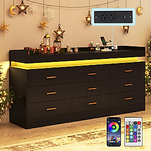 jiteentarou 9 Drawer Dresser with Charging Station and LED Lights, Modern Chest of Drawers with Power Outlet, Organizer Cabinet for Bedroom, Living Room, Entryway, Black