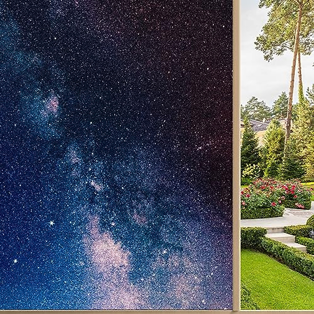 IOACIY Privacy Window Film Frosted Glass Sticker for Home Office Static Anti-UV Window Paper Decorative Window Covering for Bathroom (Universe Outer Space Starry Sky Red Blue-225, 17.7" x 23.6")