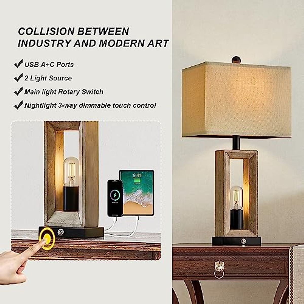 G-SAFAVA 25&quot; Farmhouse USB C+A Charging Ports 3-Way Dimmable Touch Control Brown and Black Table Lamp with Nightlight Vintage Modern Lamps for Living Room Bedroom Hotel(2 Bulbs Included)