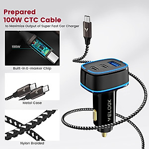 115W USB C Car Charger, VELOGK 3-Port [PPS&PD&QC3.0] 65W 45W 30W Super Fast Type C Car Charger Adapter for iPhone 15 Pro Max Samsung S24 S23 S22 Ultra Note 20, iPad, Macbook/Dell,with 100W USB C Cable