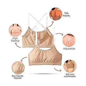 Clementine Apparel - Girls and Women Dance Bra with Clear Detachable Straps Unpadded & Seamless, Big Girls (7 to 16), Size 16, Dark Nude