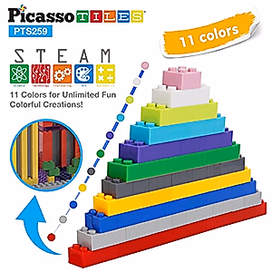 PicassoTiles 259 Piece Magnetic Brick Tile + Building Block Combo STEM Toy Set Compatible with Other Magnet Tiles Educational Toys for Children Ages 3 Years +