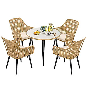Verano Garden 5 Pieces Outdoor Dining Set, Patio Wicker Dining Chairs and Round Table Set for 4, Rust-Resistant Steel Frame Dining Set W/Umbrella Hole for Backyard, Porch, Garden, Lawn