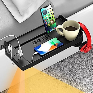 Hiree Bedside Shelf with USB Charging Port, Bunk Bed Shelf Organizer College Dorm Room Essential Clip On Nightstand Tray with Cup Holder, AC Outlets and Night Light, Bedroom Accessories, Black