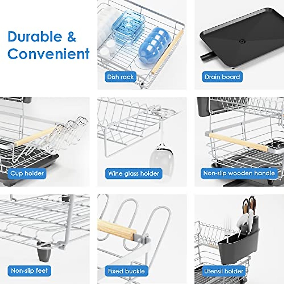 G-TING Dish Drying Rack, 2 Tier Detachable Dish Rack and Drainboard Set, Rust-Proof Drying Rack for Kitchen Counter, Large Capacity Dish Drainer with Utensils Holder and Cup Rack, Grey