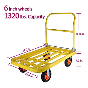 Platform Truck Heavy Platform Truck Steel Flat Handtruck Load 1320lbs Folding Push Cart Silent Flatbed Cart Bright Yellow Moving Dolly Cart Reliable