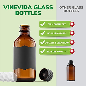 VINEVIDA 2 oz Amber Glass Bottles - 12 Pack Amber Boston Glass Bottles With Poly Cap and Accessories - Chalk Labels, Funnels - Empty Tincture Bottles for Essential Oils, Lab Chemicals, and Perfumes