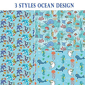 BOLIANNE Ocean Wrapping Paper - Birthday Wrapping Paper for Boys Girls Kids with Cute Whales Dolphins Fishes, 6 Large Sheets Sea Blue Gift Wrap for Baby Shower, Folded Flat, 27 X 37 Inch