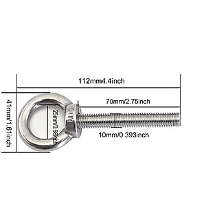 HYXXYY Shoulder Eye Bolt, M10 304 Stainless Steel Eye Bolts 3/8"x2.75" Eye Bolts Heavy Duty Screw Bolt with Washer and Nuts Set Muti-Function for Indoor Outdoor, 10mm x 70mm, 4 Pack