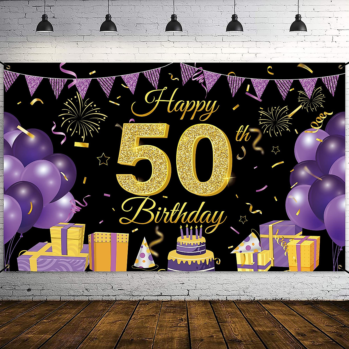 Wiipenex Happy 50th Birthday Backdrop Banner 70.86” x 43.3” Purple Black 50th Birthday Decorations Cheers to 50 Years Old Balloons Backdrop Party Supplies Birthday Yard Sign Poster Background Banners
