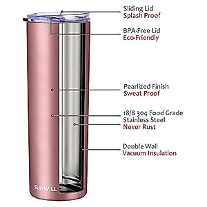 SUNWILL Straw Tumbler Skinny Travel Tumbler with Lid, Vacuum Insulated Double Wall Stainless Steel 20oz for Coffee, Tea, Beverages, Rose Gold