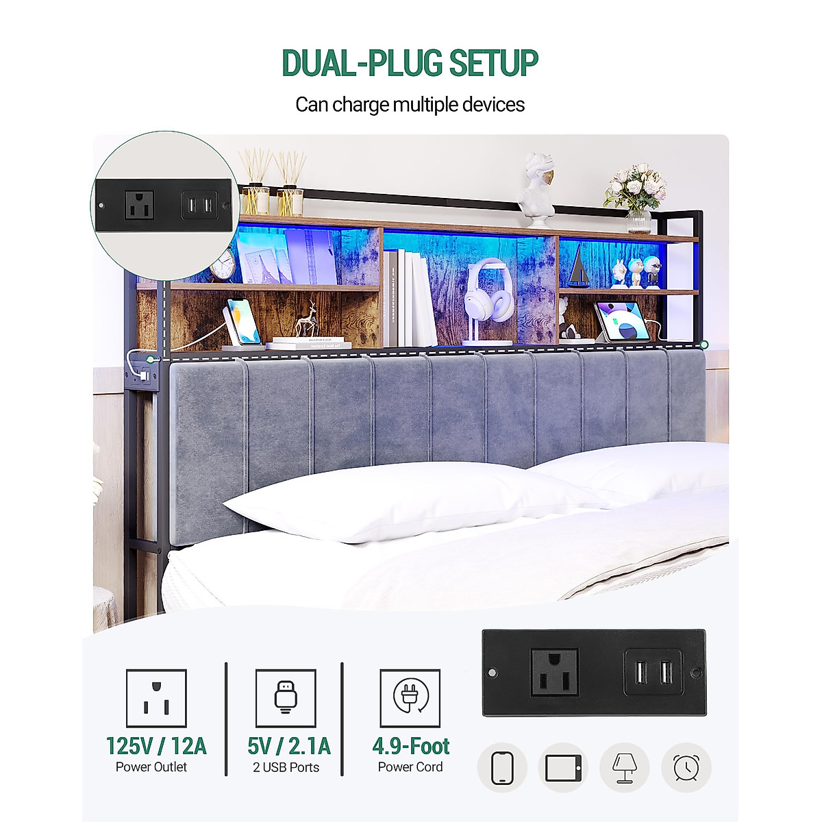 Hzuaneri Headboard with 3-Tier Storage Shelves, Upholstered Head Board with 2 Outlets, USB Ports & LED Light, Soft Backrest for King Size Bed Rustic Brown and Black BH19401B