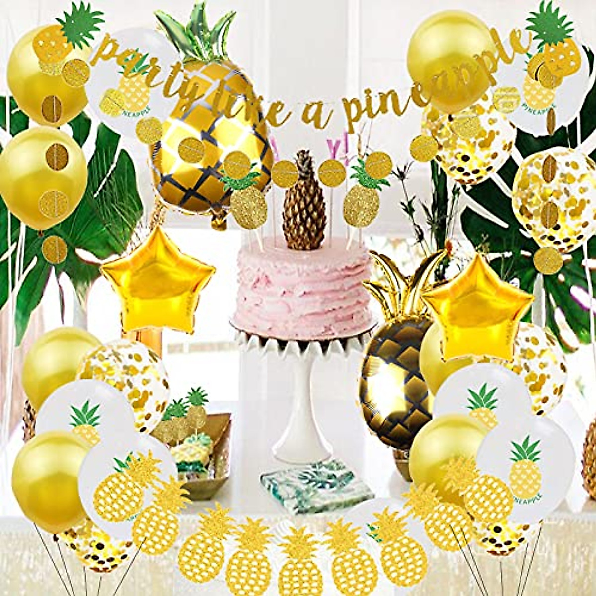 Gold Glitter Pineapple Party Decorations Summer Pineapple Garland Banner Pineapple Garland Latex Balloons Pineapple Foil Balloons Cupcake Toppers for Bachelorette,Birthday Luau Summer Party Decoration
