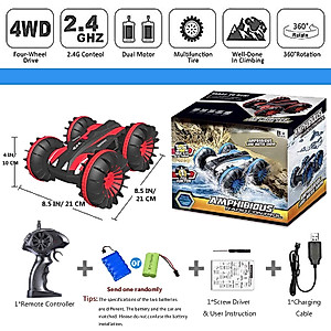 Pussan Gifts for 6-12 Year Old Boys Amphibious Remote Control Car for Kids and Adults 2.4 GHz RC Stunt Car for Boys Girls 4WD Off Road Monster Truck Gifts Remote Control Boat Summer Beach Toy SLC Red