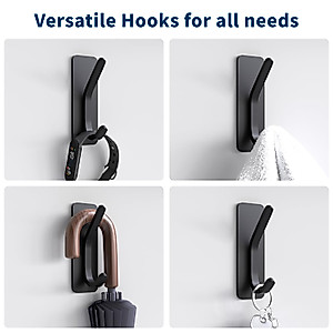 GWAAZXGZ Adhesive Towel Hooks for Wall - Black Adhesive Hooks Stick on Wall for Hanging Towel, Robe, Self Adhesive Dual Hooks for Bathroom, Kitchen, 4 Pack