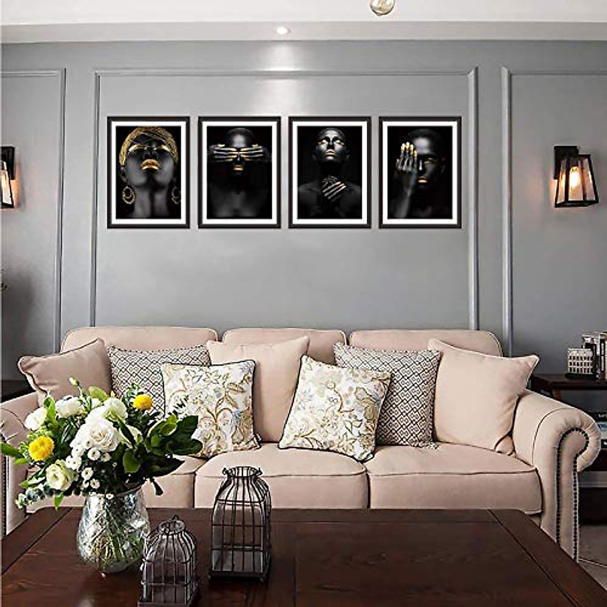 Ryyllh Minimalist Art Painting African American Wall Art Set of 4 Black Woman Fashion Gold Earrings Necklace For Girl Room Home Decor No Frame 8x10 inches 8 x 10 Inch